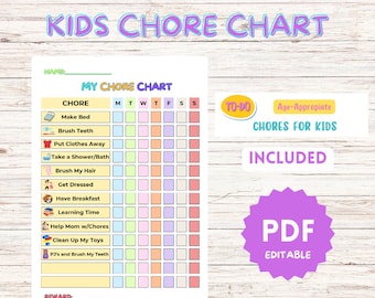 Editable Chore Chart for Kids Printable Personalized Chart Kids Daily ...
