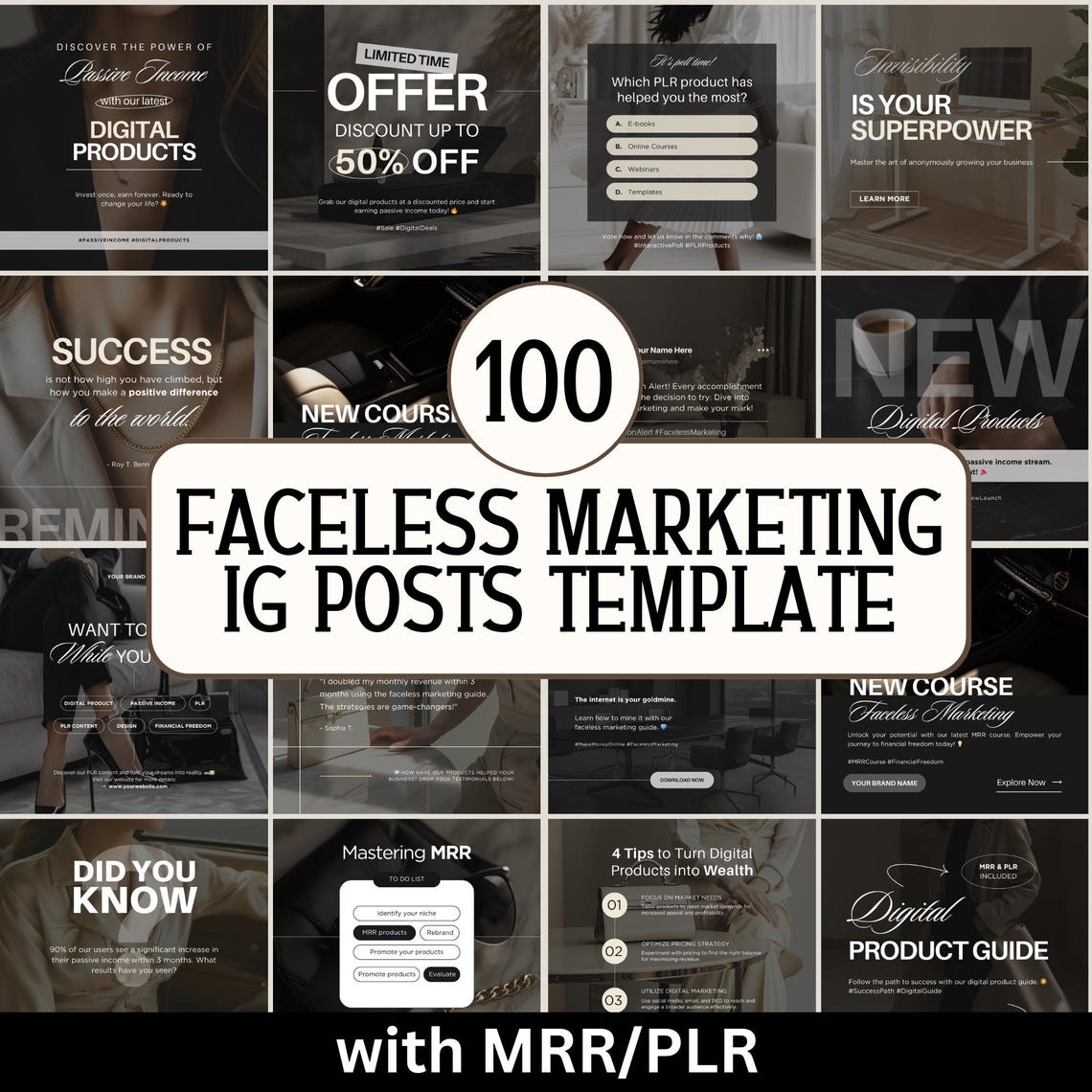 100 Faceless Marketing Instagram Post Template Black Aesthetic, Digital ...