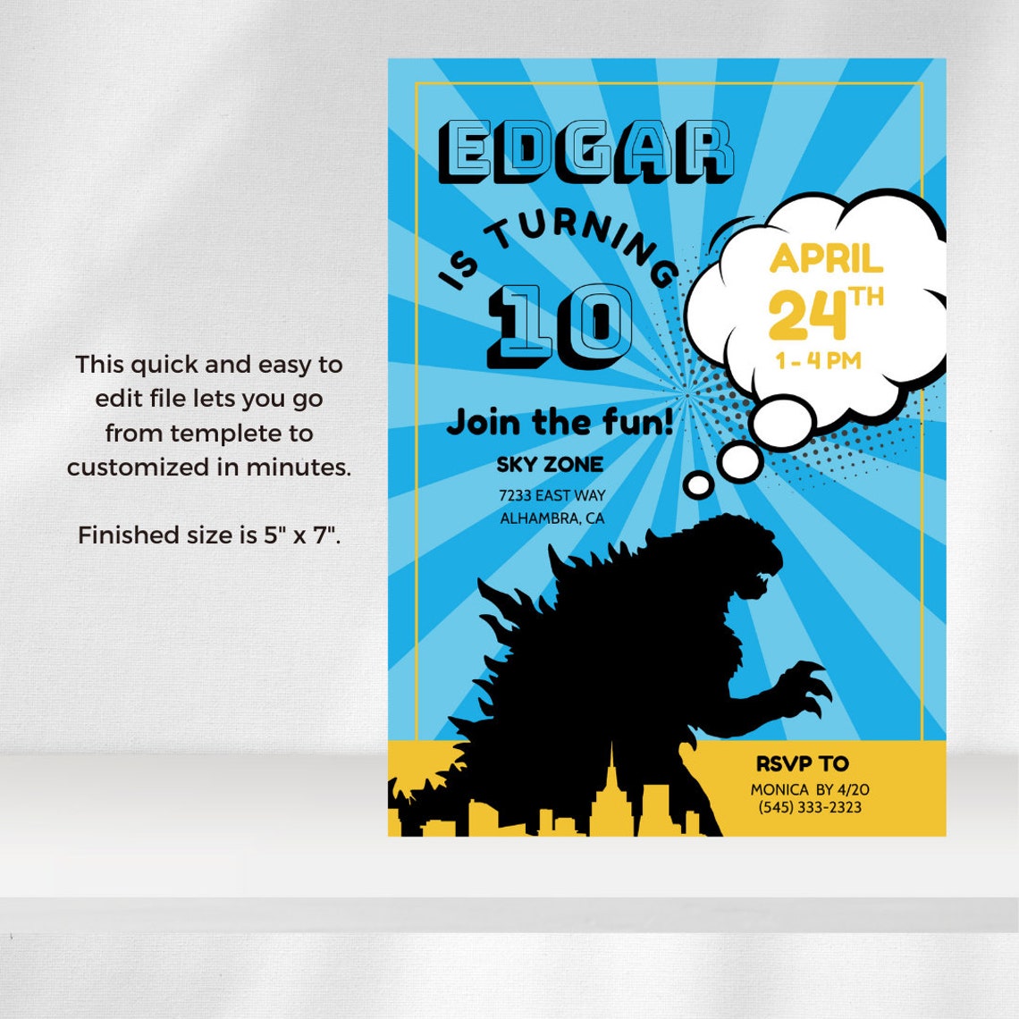 Godzilla Invitation, Blue Comic Book Birthday Invitation, Godzilla ...