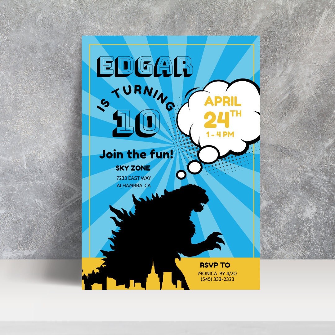 Godzilla Invitation, Blue Comic Book Birthday Invitation, Godzilla ...