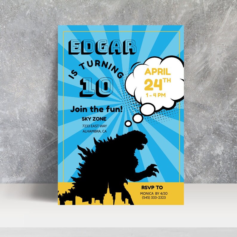 Godzilla Invitation, Blue Comic Book Birthday Invitation, Godzilla ...