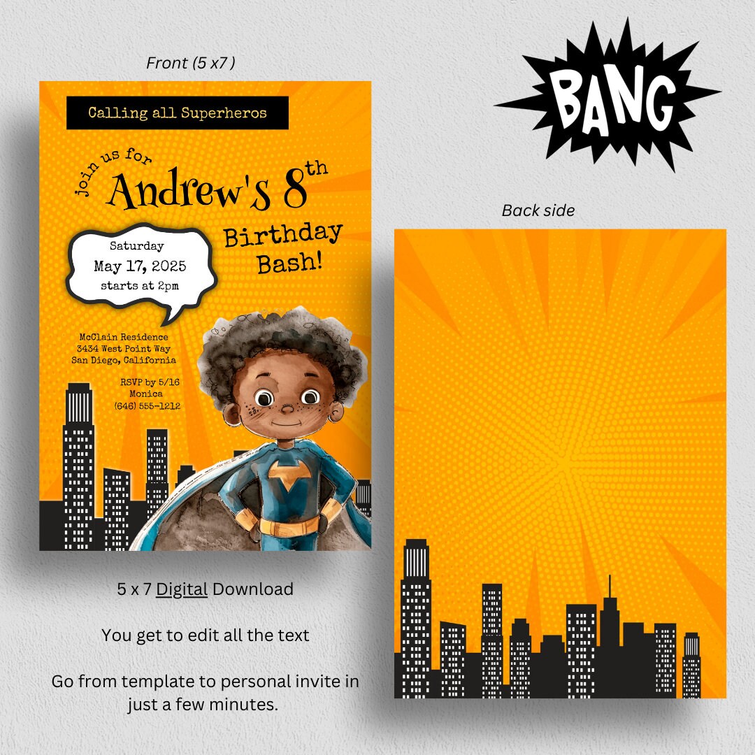 African American Superhero Birthday Party Invite, Comic Party Invite ...