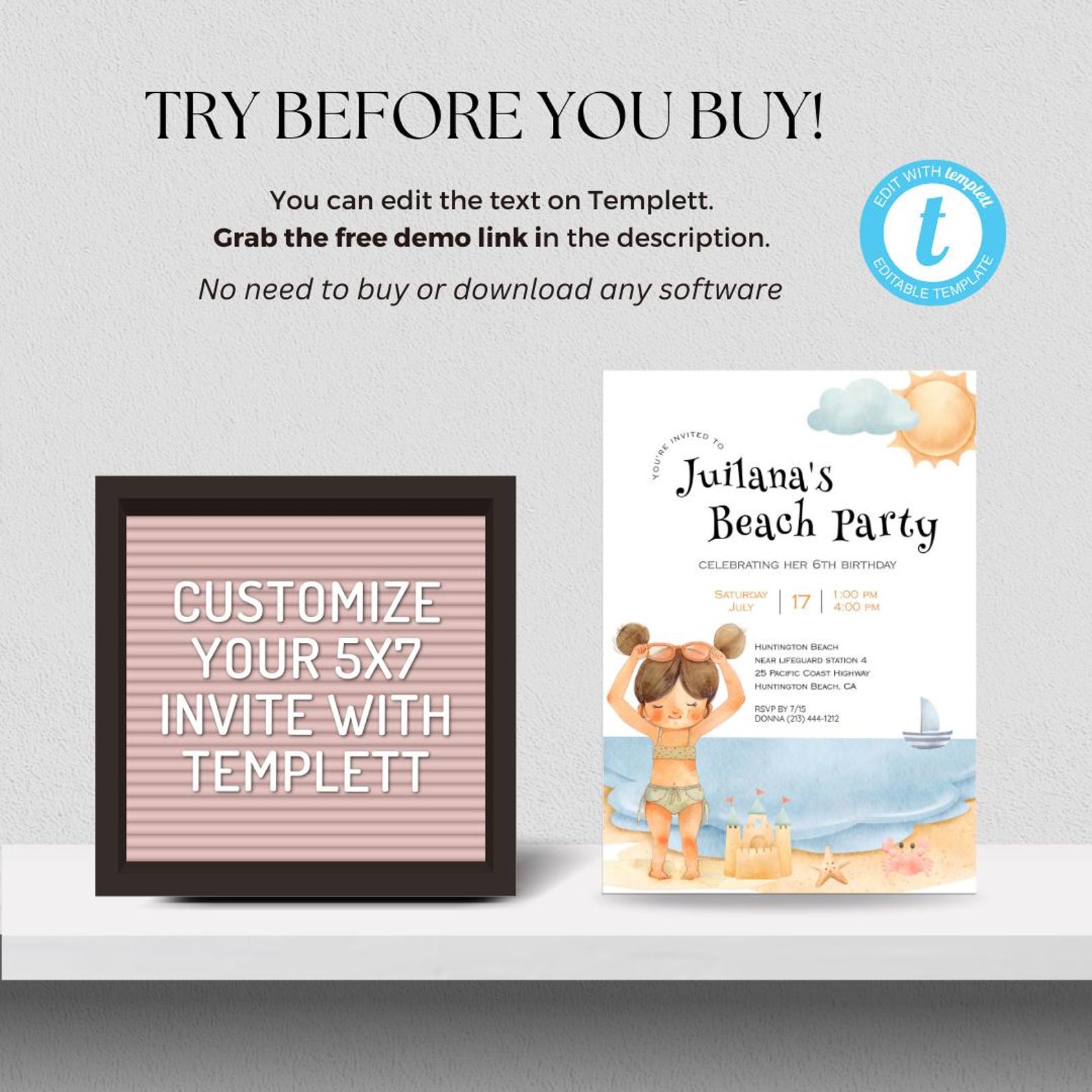 Girl Beach Party Invite, Surf and Sand Birthday, Fun in the Sun Beach ...