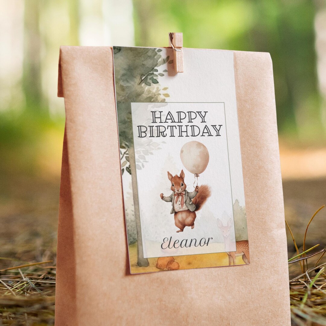 Squirrel Birthday Gift Tag, Woodland Theme Birthday, Happy Birthday Tag ...