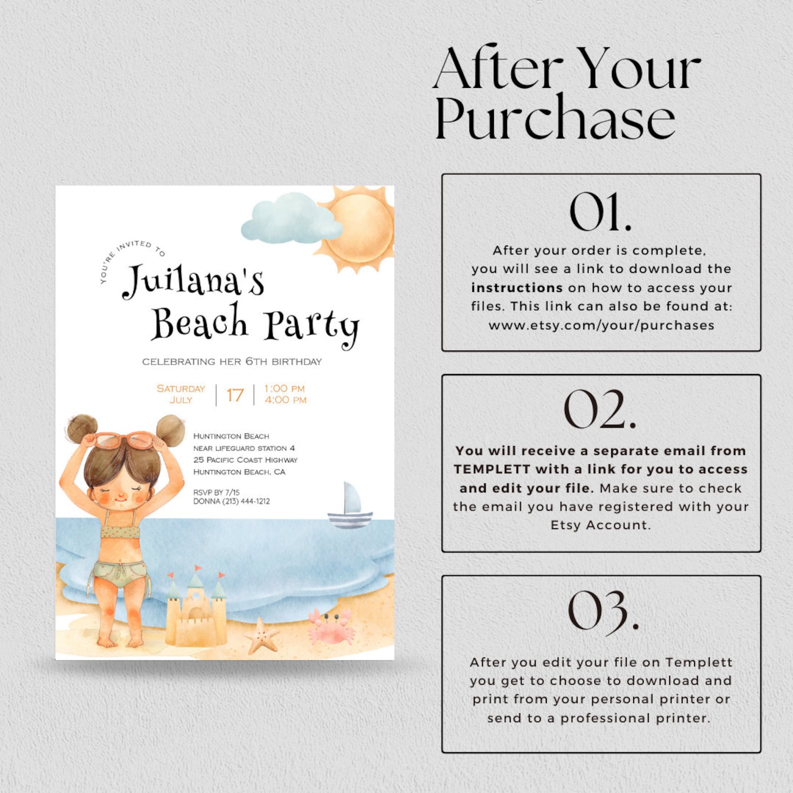 Girl Beach Party Invite, Surf and Sand Birthday, Fun in the Sun Beach ...