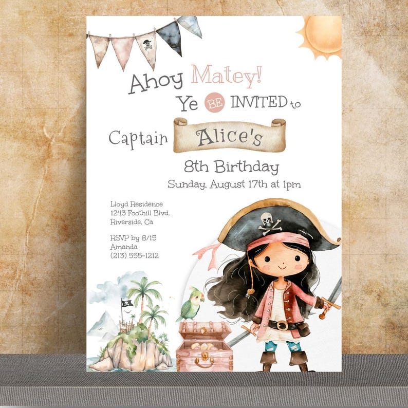Girl Pirate Party Invite, Ahoy Matey Birthday, Pirate Theme Party, Kids ...
