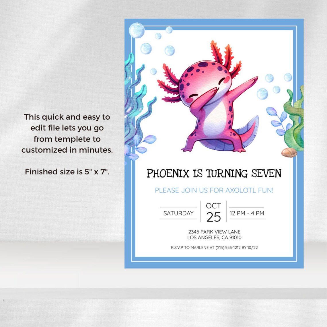 Editable Watercolor Axolotl Blue Birthday Invitation - 5x7, Axolotl ...