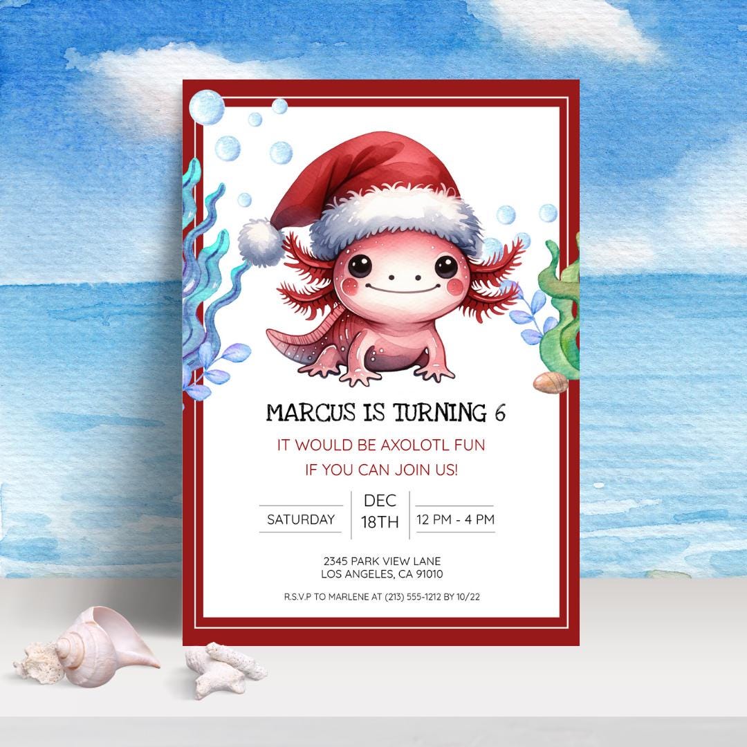 Invitación de cumpleaños de axolotl navideña editable en acuarela 5x7 ...