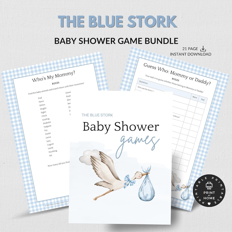 Blue Stork Baby Shower Games PDF | 21 Page Printable Game Bundle | Fun ...