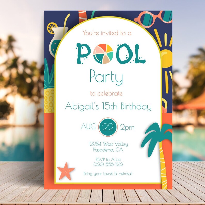 Teenage Pool Party Birthday Invite, Summer Pool Party, 5 X 7 Swim Party ...