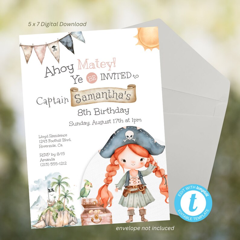 Red Hair Pirate Girl Party Invite, Ahoy Matey Birthday, Pirate Theme ...