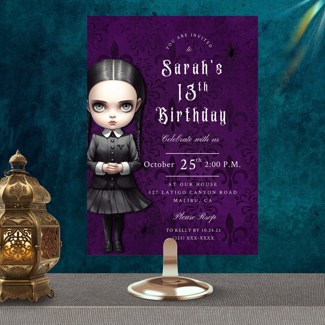 Editable Goth Girl 13th Birthday Invitation | Wednesday Addams Inspired ...