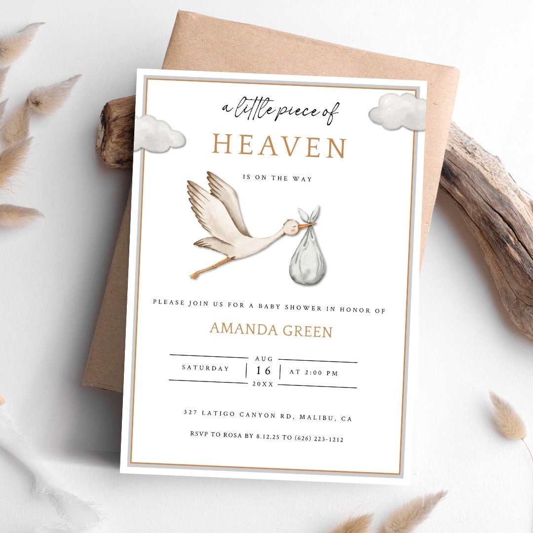 Baby Shower Evite Save the Date, Heaven Sent Cloud, Neutral Stork ...