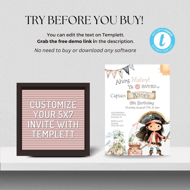 Girl Pirate Party Invite, Ahoy Matey Birthday, Pirate Theme Party, Kids ...