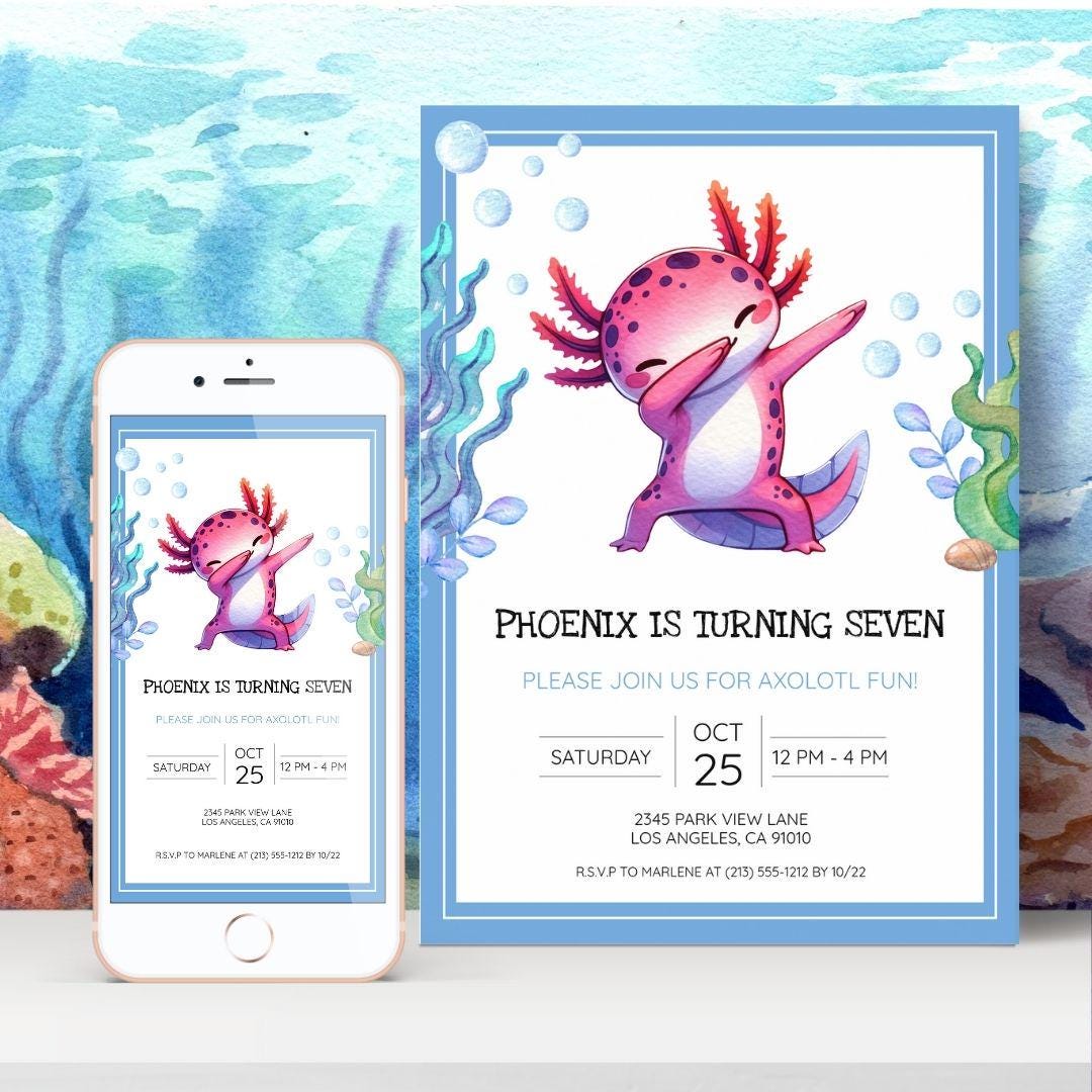 Editable Watercolor Axolotl Blue Birthday Invitation - 5x7, Axolotl ...