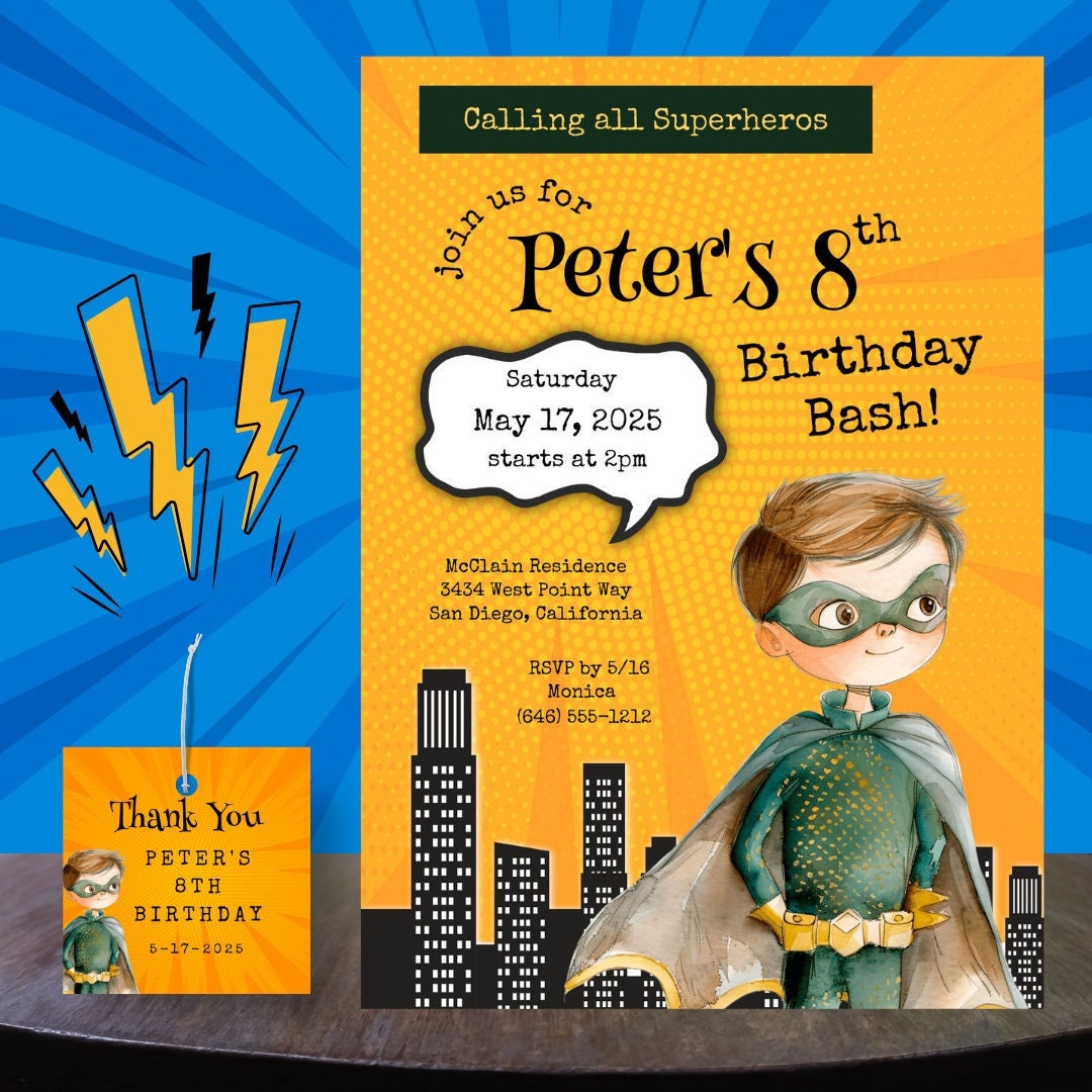 Green Suit Superhero Birthday Party Invite, Comic Party Invite, Hero ...