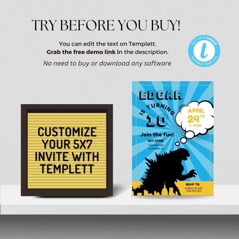 Godzilla Invitation, Blue Comic Book Birthday Invitation, Godzilla ...