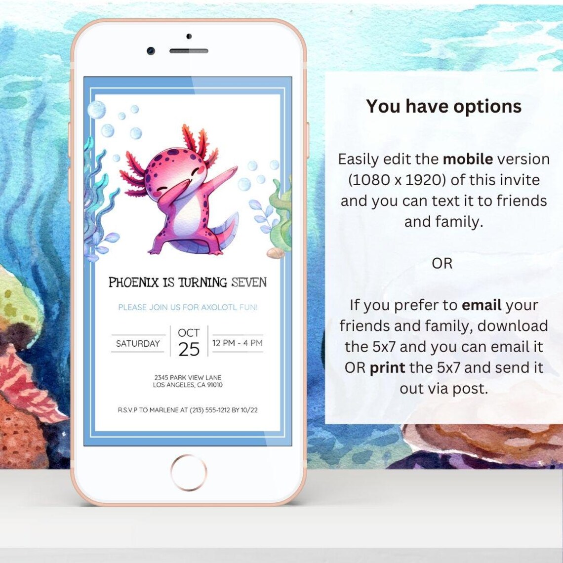 Editable Watercolor Axolotl Blue Birthday Invitation - 5x7, Axolotl ...