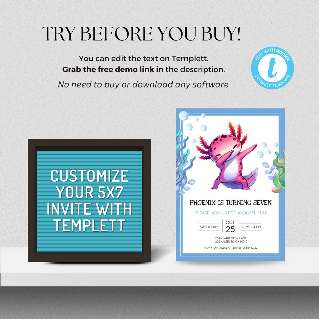 Editable Watercolor Axolotl Blue Birthday Invitation - 5x7, Axolotl ...