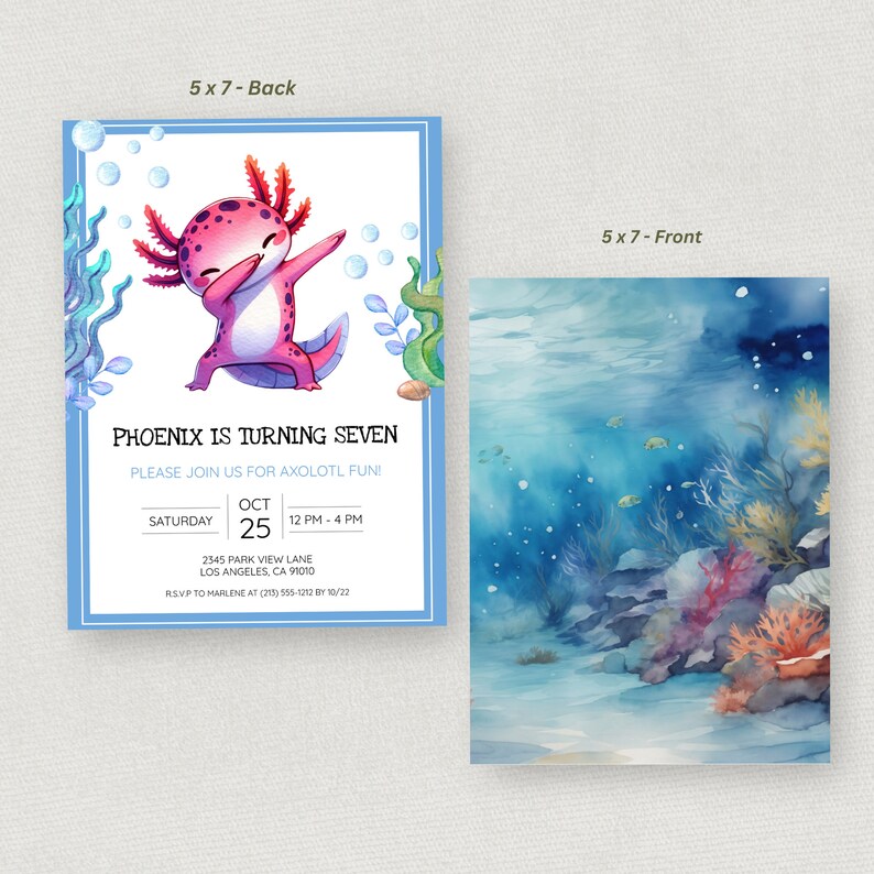 Editable Watercolor Axolotl Blue Birthday Invitation - 5x7, Axolotl ...