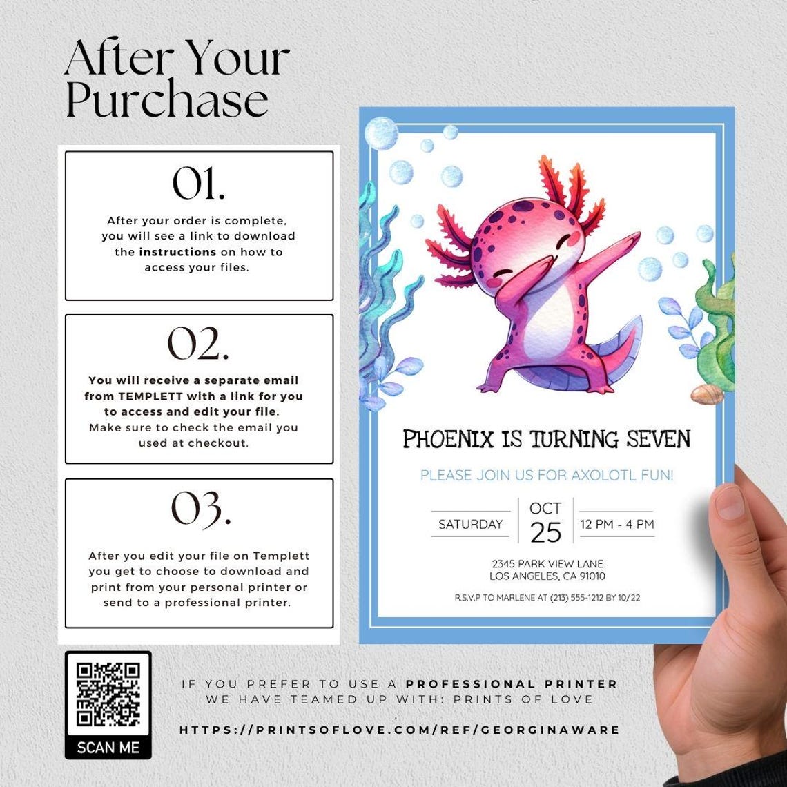 Editable Watercolor Axolotl Blue Birthday Invitation - 5x7, Axolotl ...