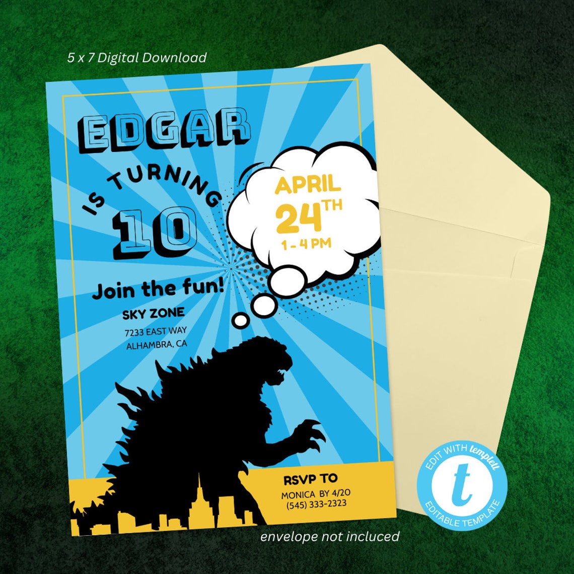 Godzilla Invitation, Blue Comic Book Birthday Invitation, Godzilla ...