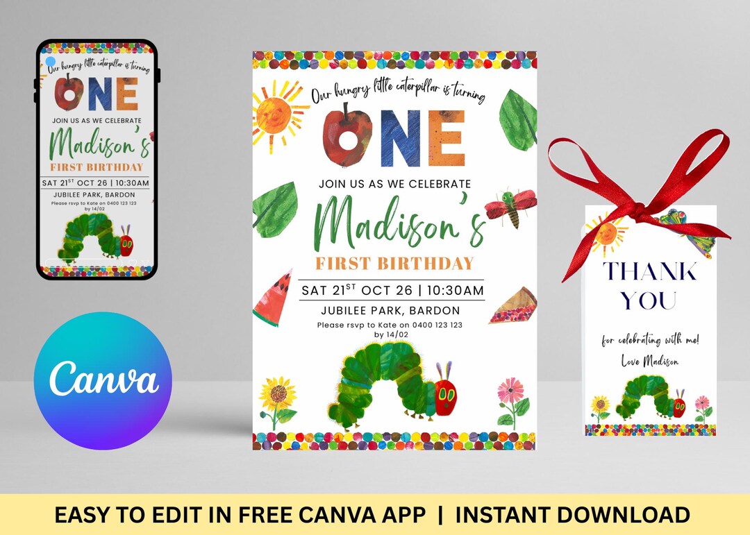 Hungry Caterpillar First Birthday Invitation Bundle – Editable Canva ...