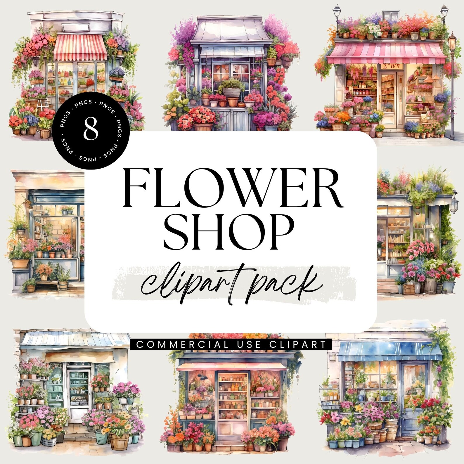 Flower Shop Clipart, Watercolor Clipart Pack, Transparent Pngs, Store ...