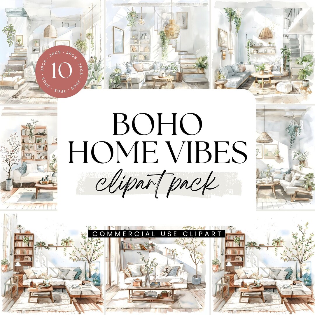 Boho Home Interior Clipart, Cozy Boho Home Decor, Watercolor Clipart ...