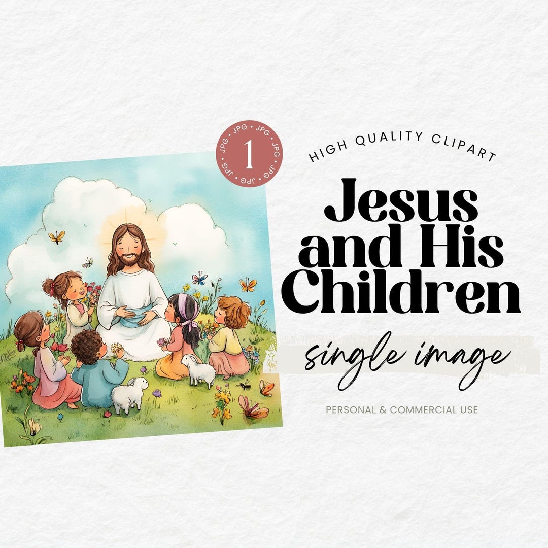 Jesus Christ and Children Clipart, Christian Nursery Wall Art, Sunday ...