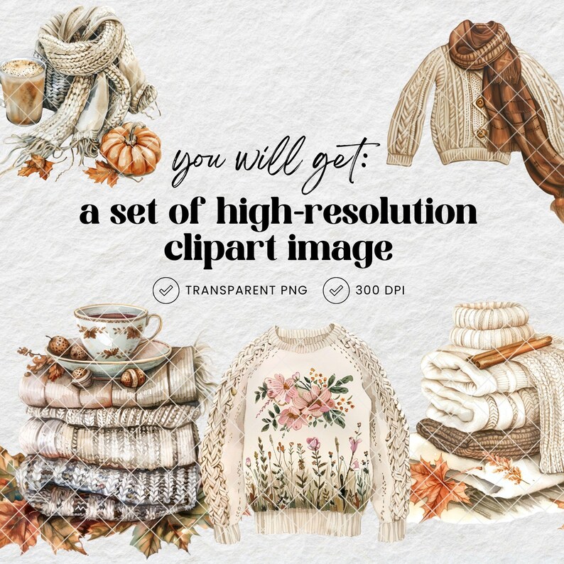 Cozy Autumn Sweater Clipart, Rustic Fall Knits, Pumpkin, Scarf, Hygge ...