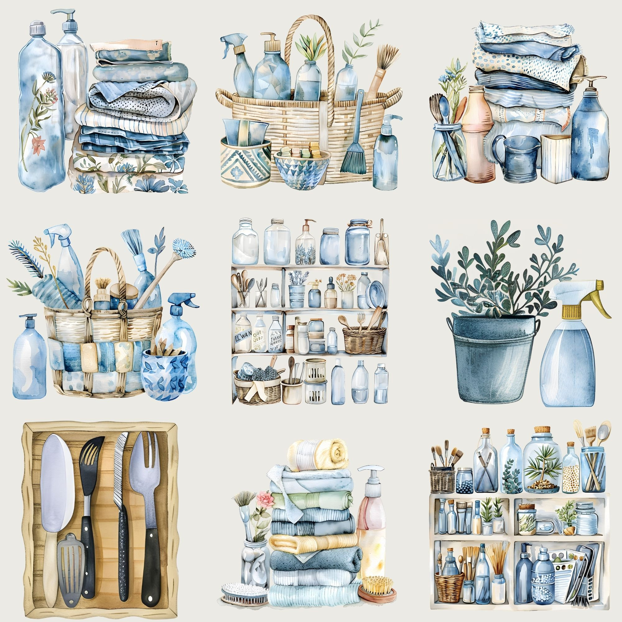 Spring Cleaning Clipart, Watercolor Clipart Pack, Housekeeping ...