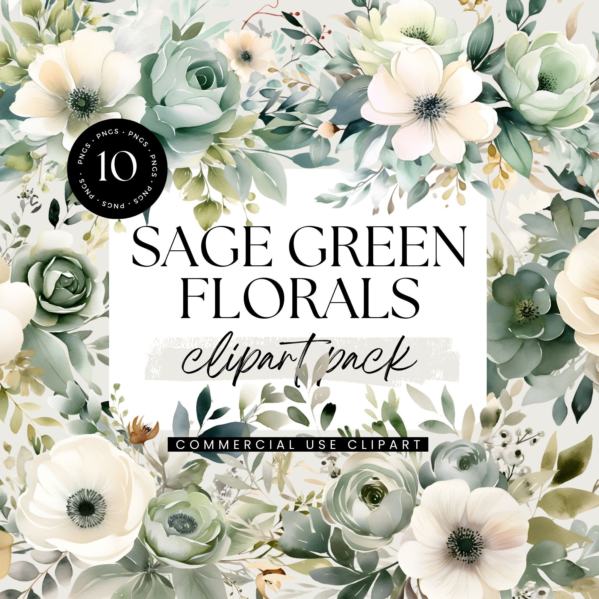 Sage Green Flower Clipart, Floral Watercolor Clipart Pack, Transparent ...