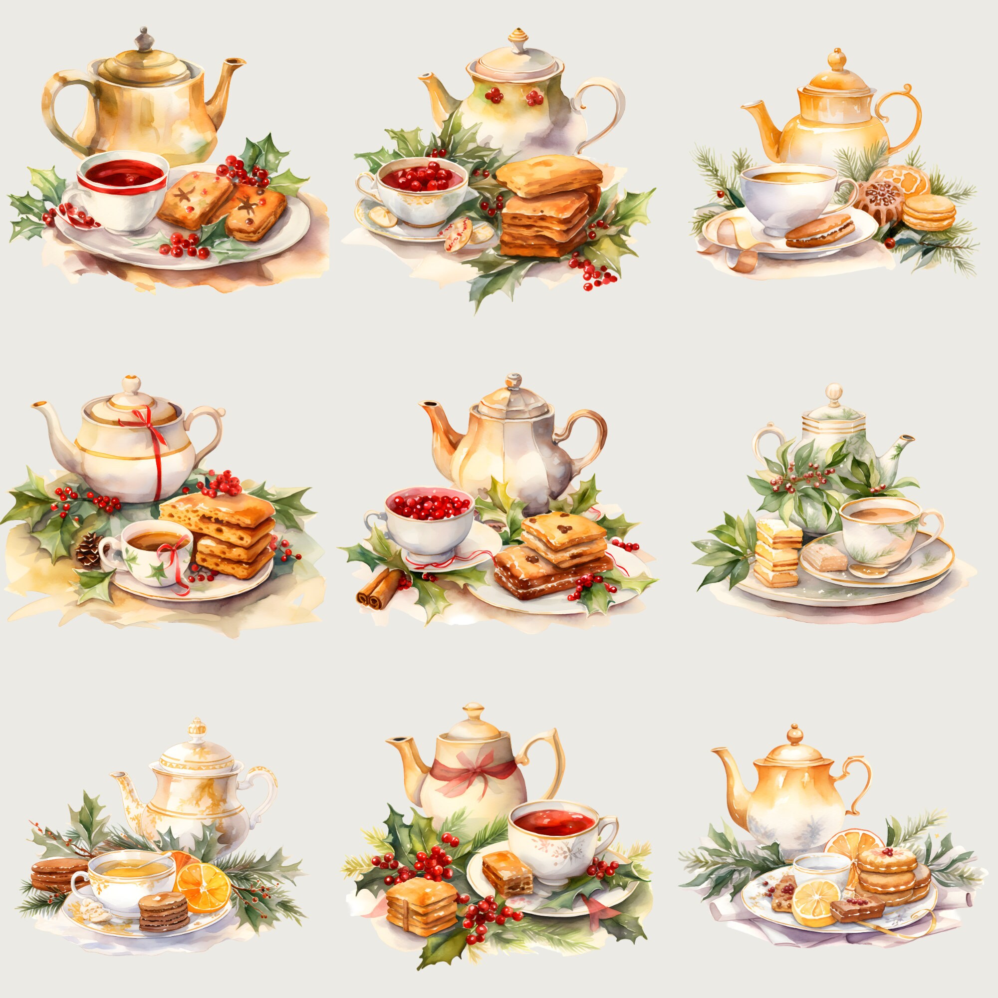 Christmas Tea Party Clipart Pack, Christmas Graphics PNG, Commercial ...