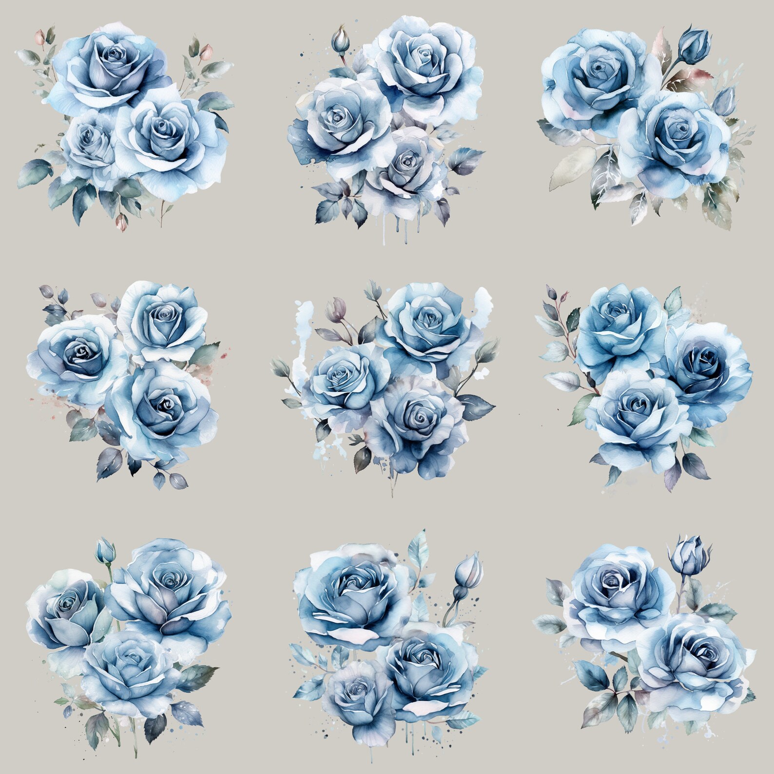 Dusty Blue Roses Clipart, Floral Watercolor Clipart Pack, Transparent ...