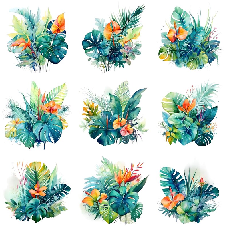 Tropical Plants Clipart, Watercolor Clipart Pack, Tropical Flowers ...