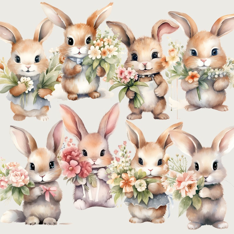 Watercolor Bunny With Flowers Clipart, Cute Nursery Clipart, Easter ...