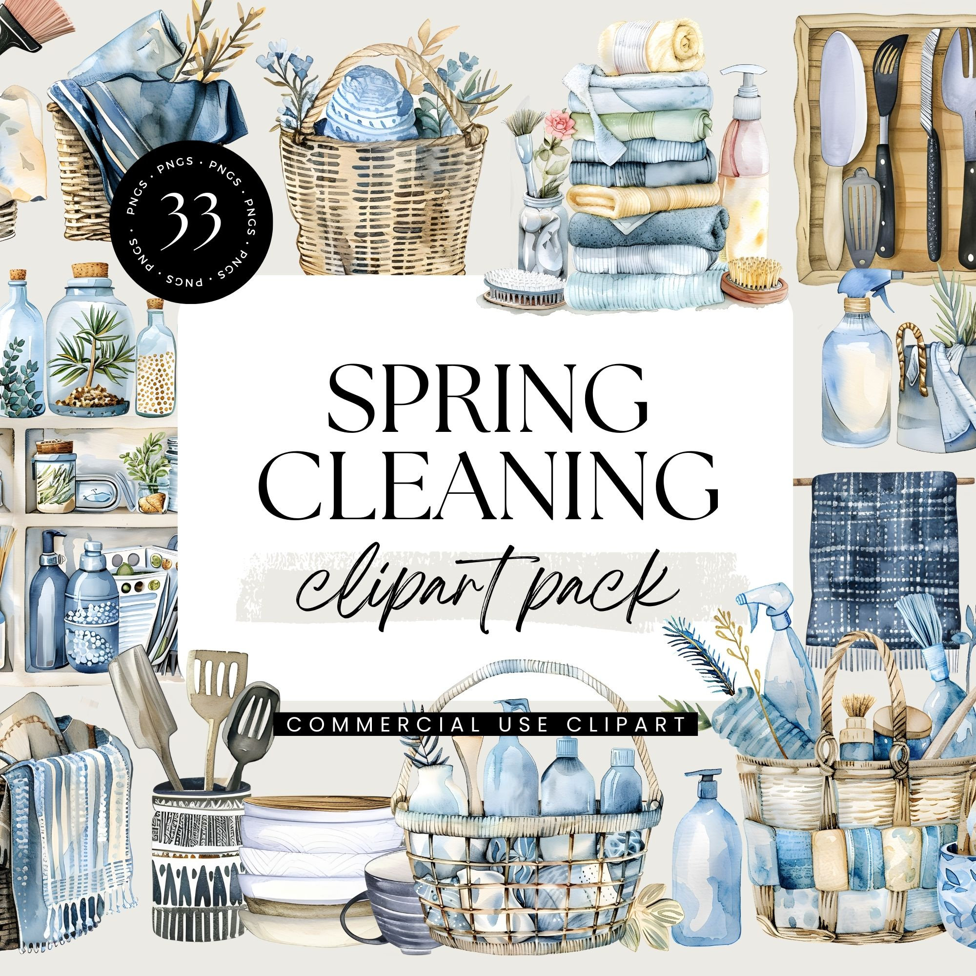Spring Cleaning Clipart, Watercolor Clipart Pack, Housekeeping ...