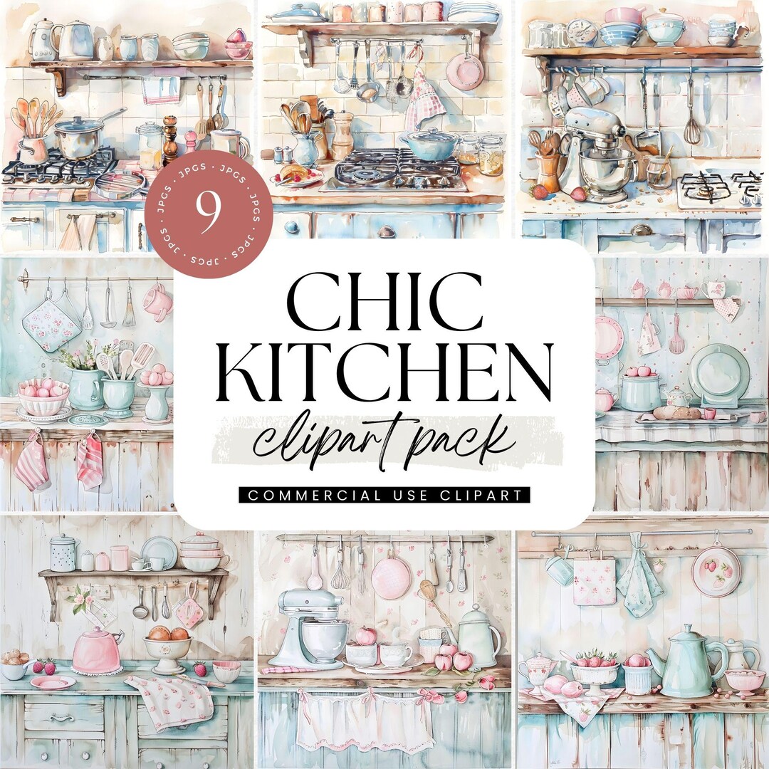 Watercolor Chic Kitchen Clipart Pack, Personal and Commercial Use ...