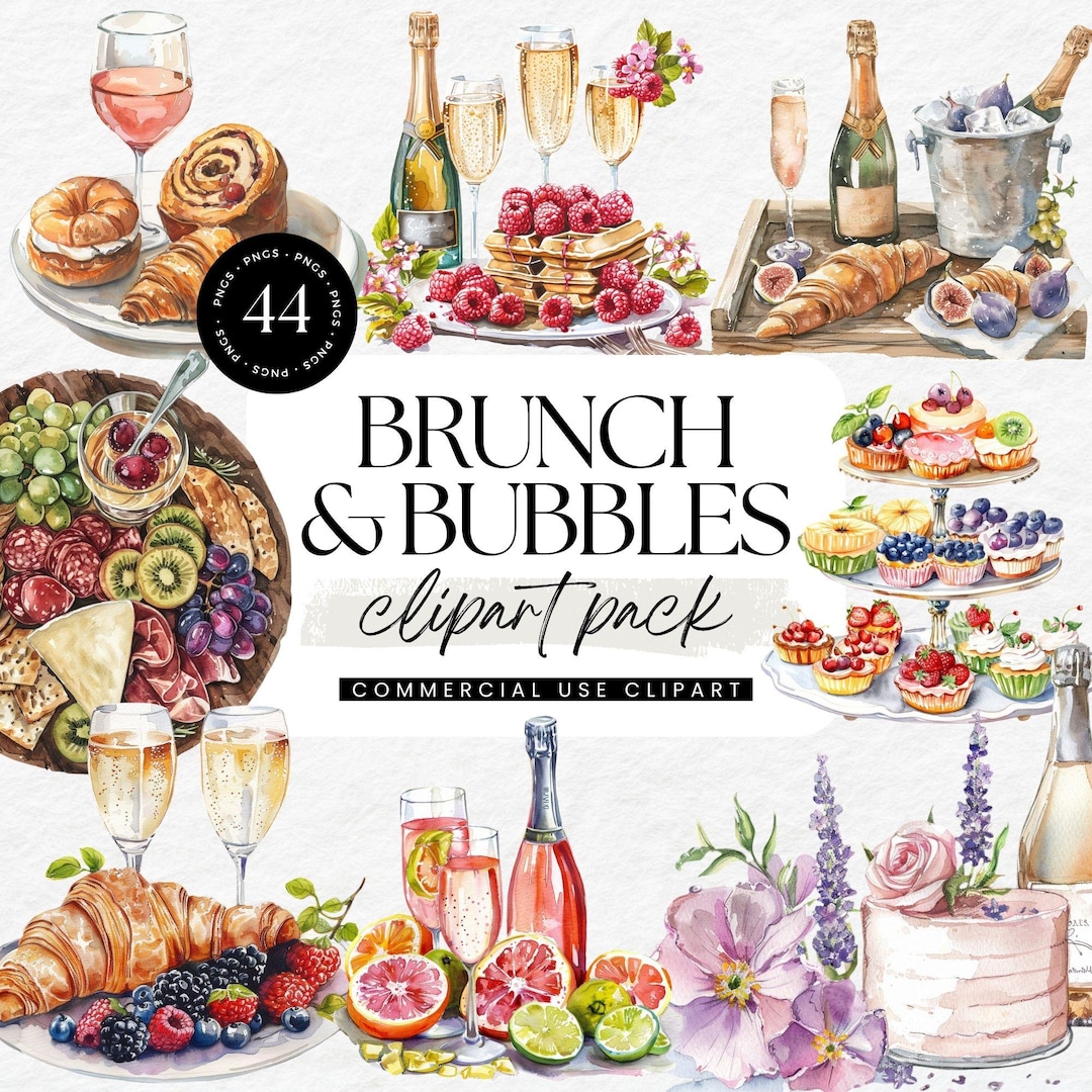 Brunch and Bubbles Clipart, Brunch Food Illustrations Party Decor ...