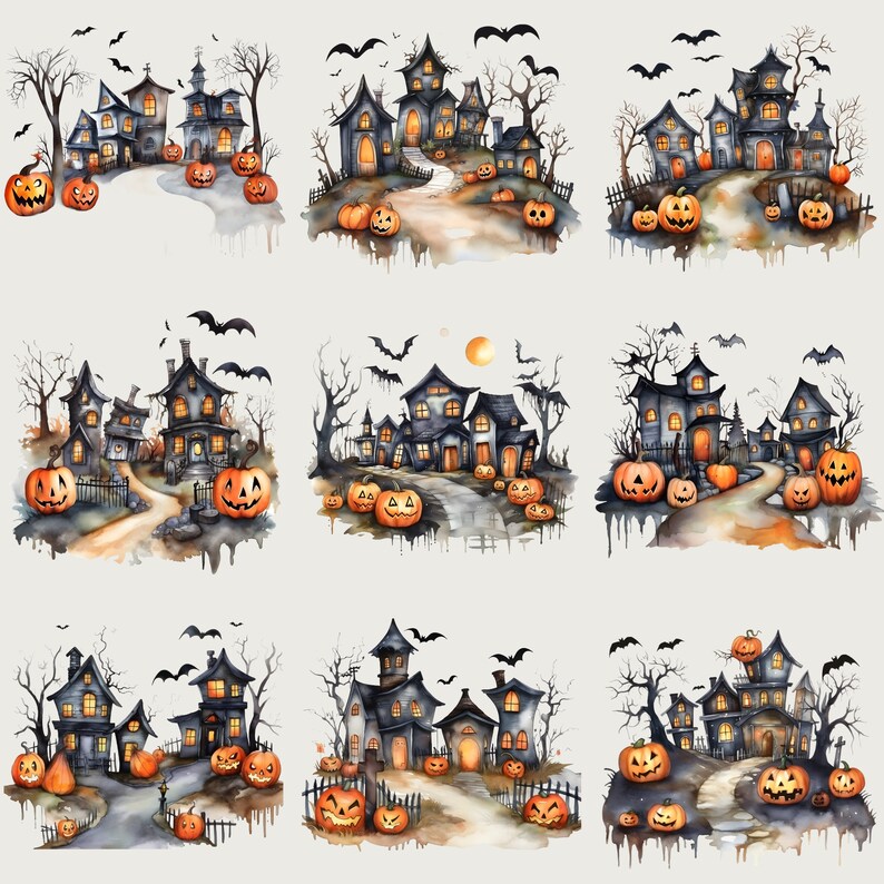 Haunted House Watercolor Clipart Pack Halloween Clipart PNG - Etsy