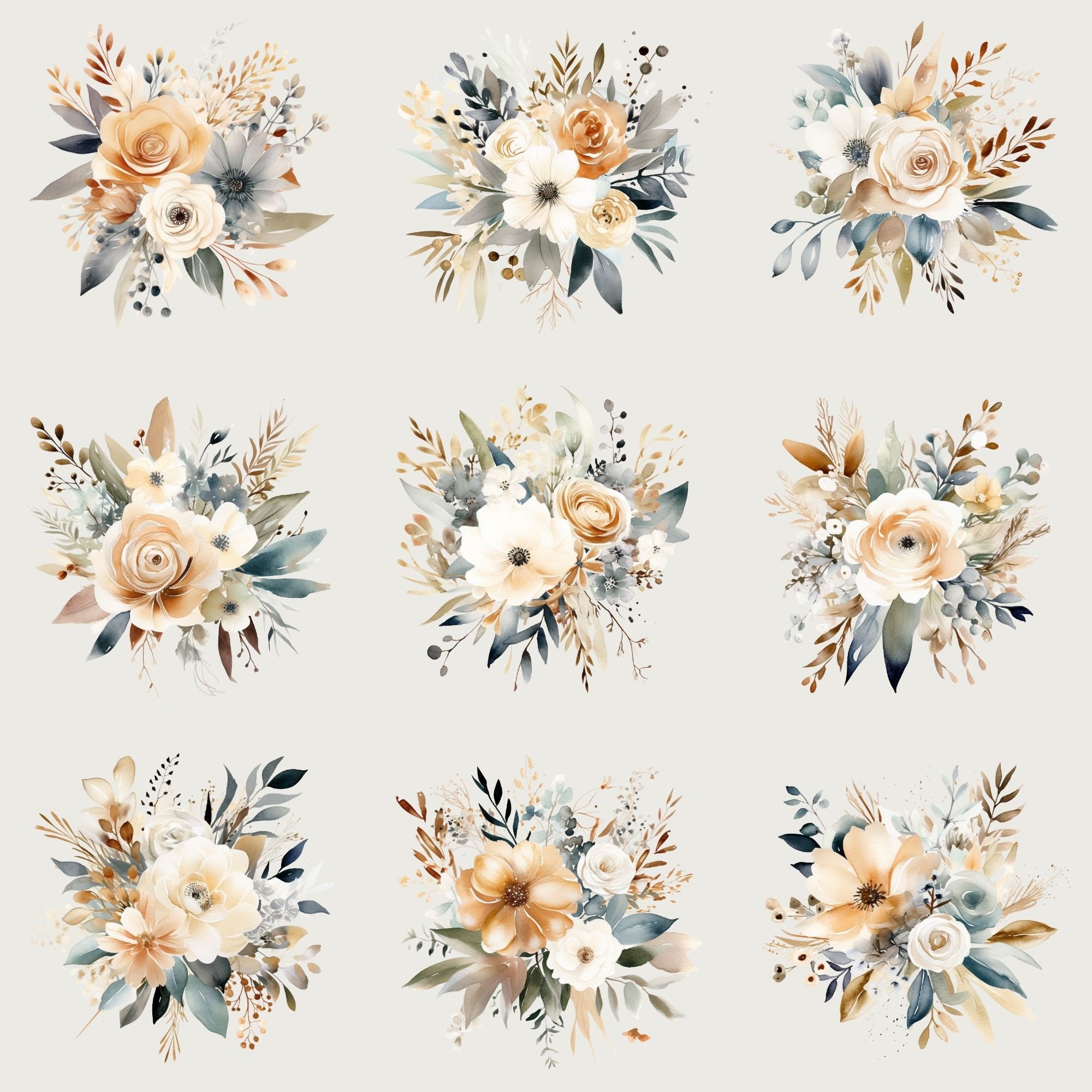 Boho Floral Bouquet Clipart, Watercolor Clipart Pack, Dried Flowers ...