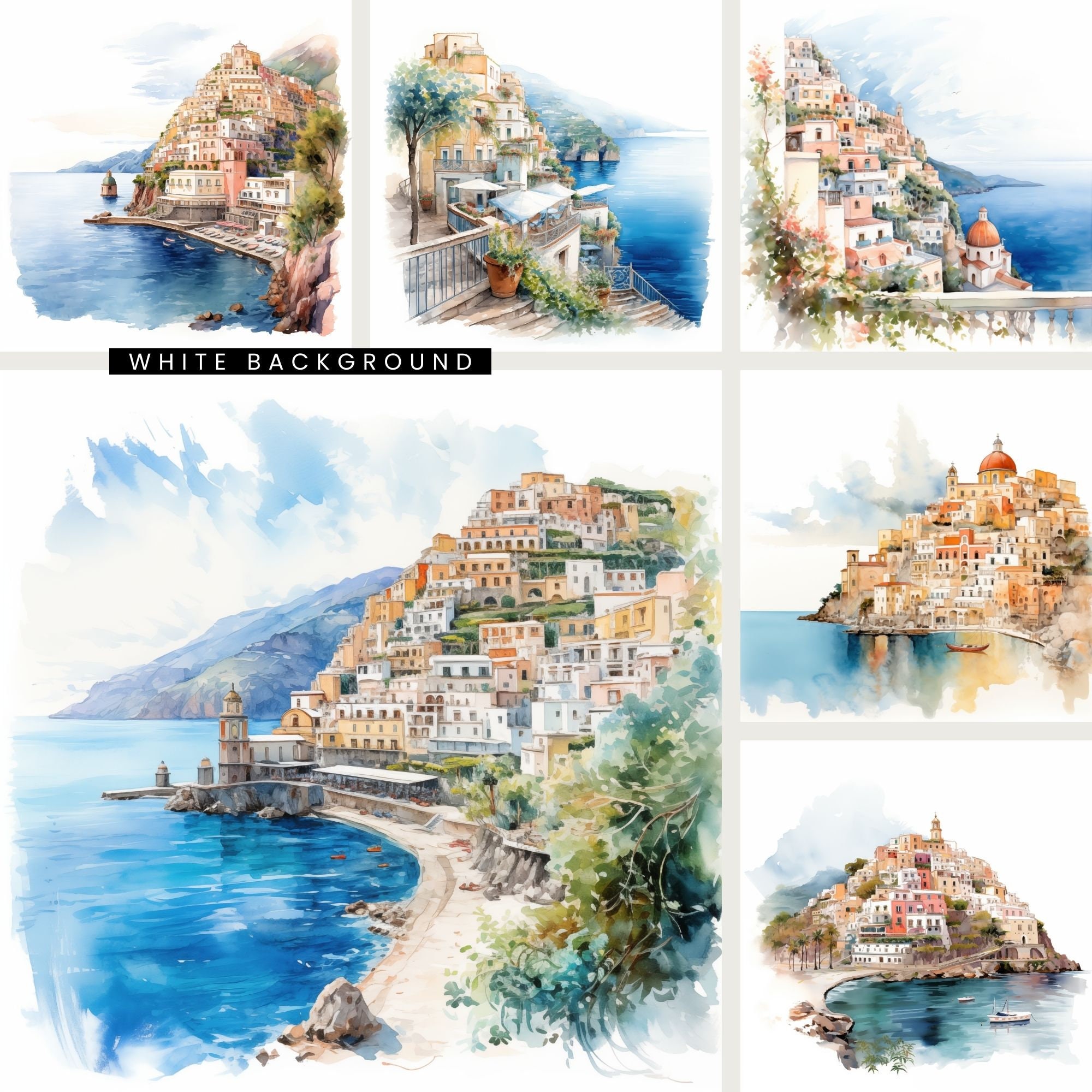 Watercolor Positano Italy Clipart, Travel Destination Clipart ...