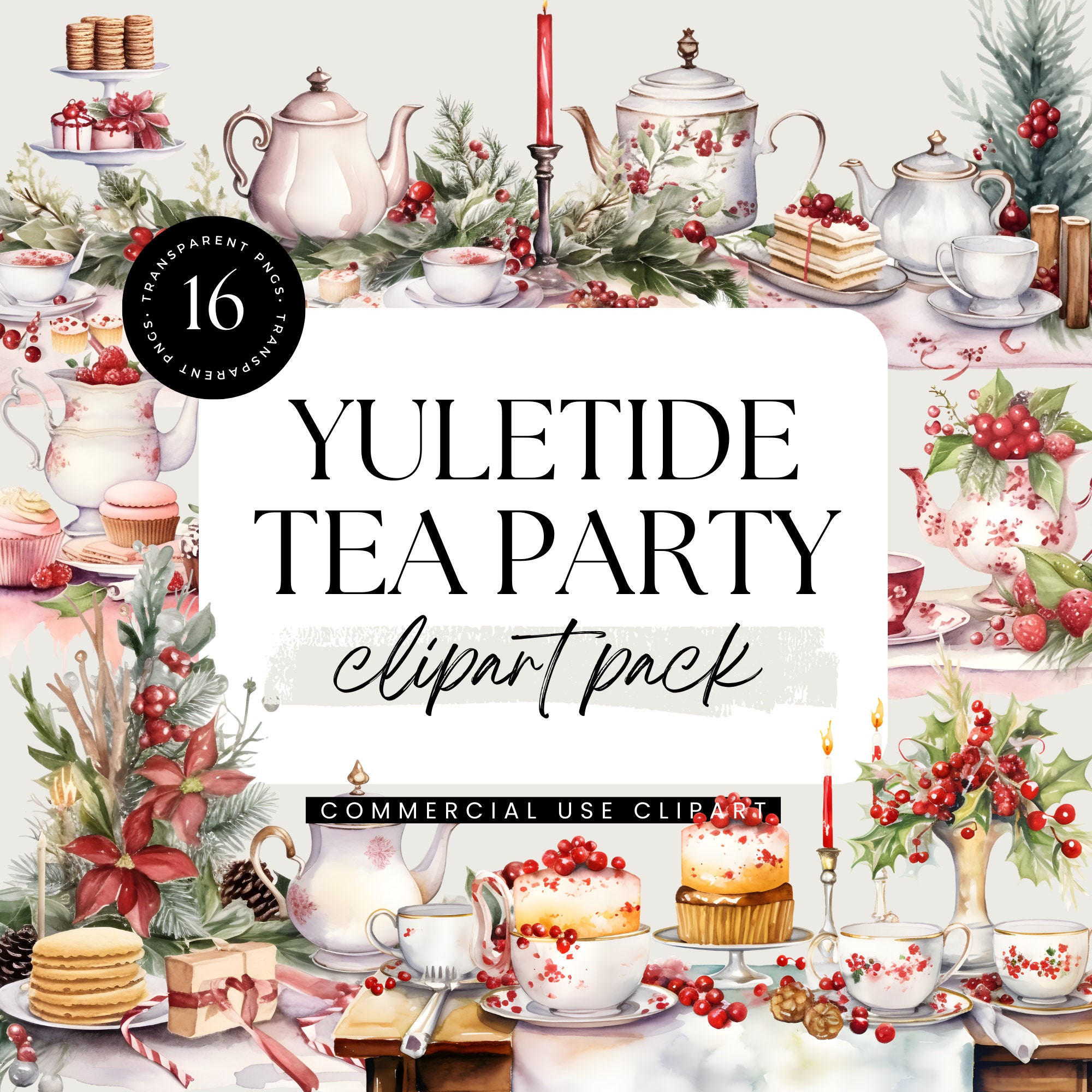 Christmas Tea Party Clipart Pack, Christmas Graphics PNG, Commercial ...