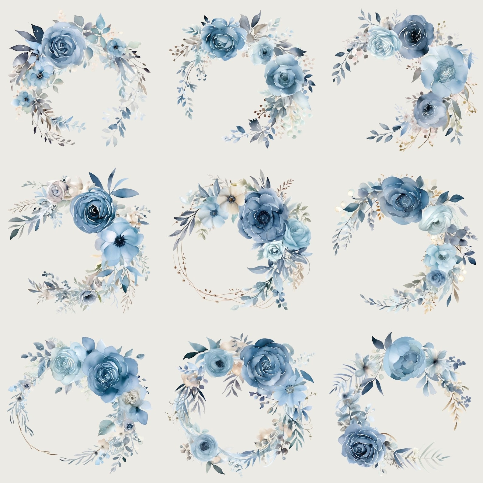 Dusty Blue Flower Wreath Clipart, Floral Watercolor Clipart Pack ...