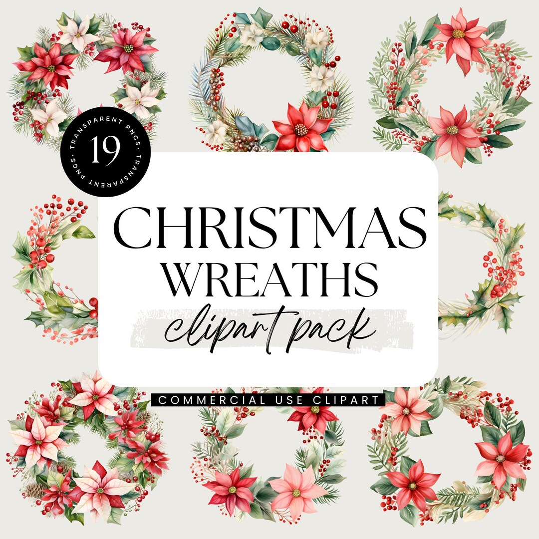 Christmas Wreath Clipart Pack, Christmas Graphics PNG, Commercial Use ...
