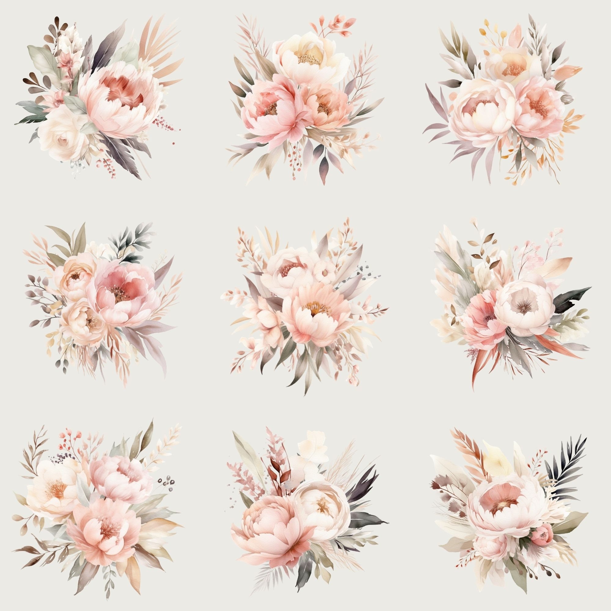 Boho Blush Peonies Clipart, Watercolor Clipart Pack, Transparent Pngs ...