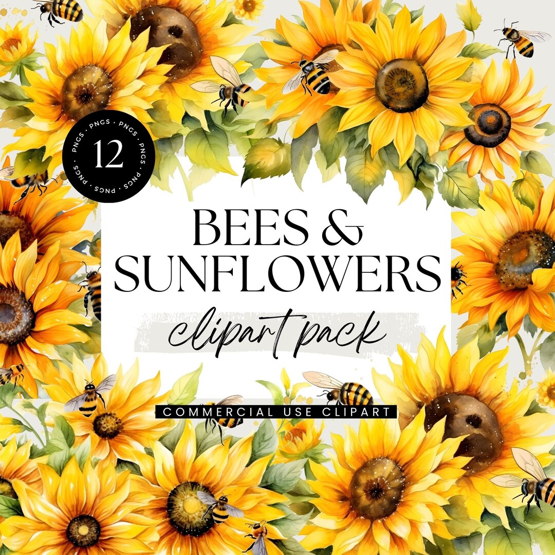 Bees and Sunflowers Clipart, Watercolor Clipart Pack, Transparent Pngs ...