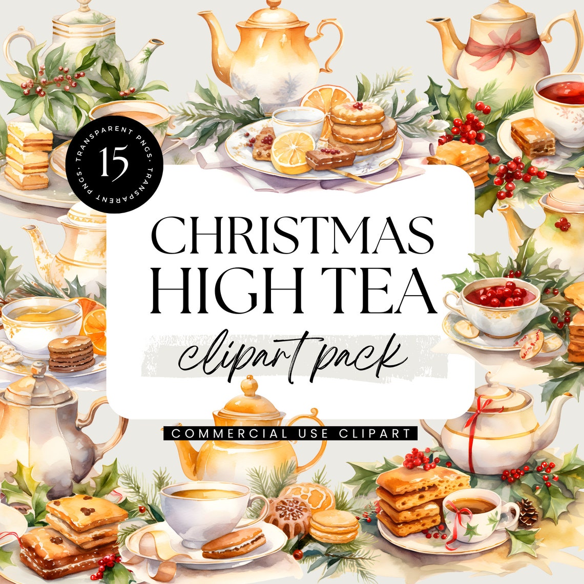Christmas Tea Party Clipart Pack, Christmas Graphics PNG, Commercial ...