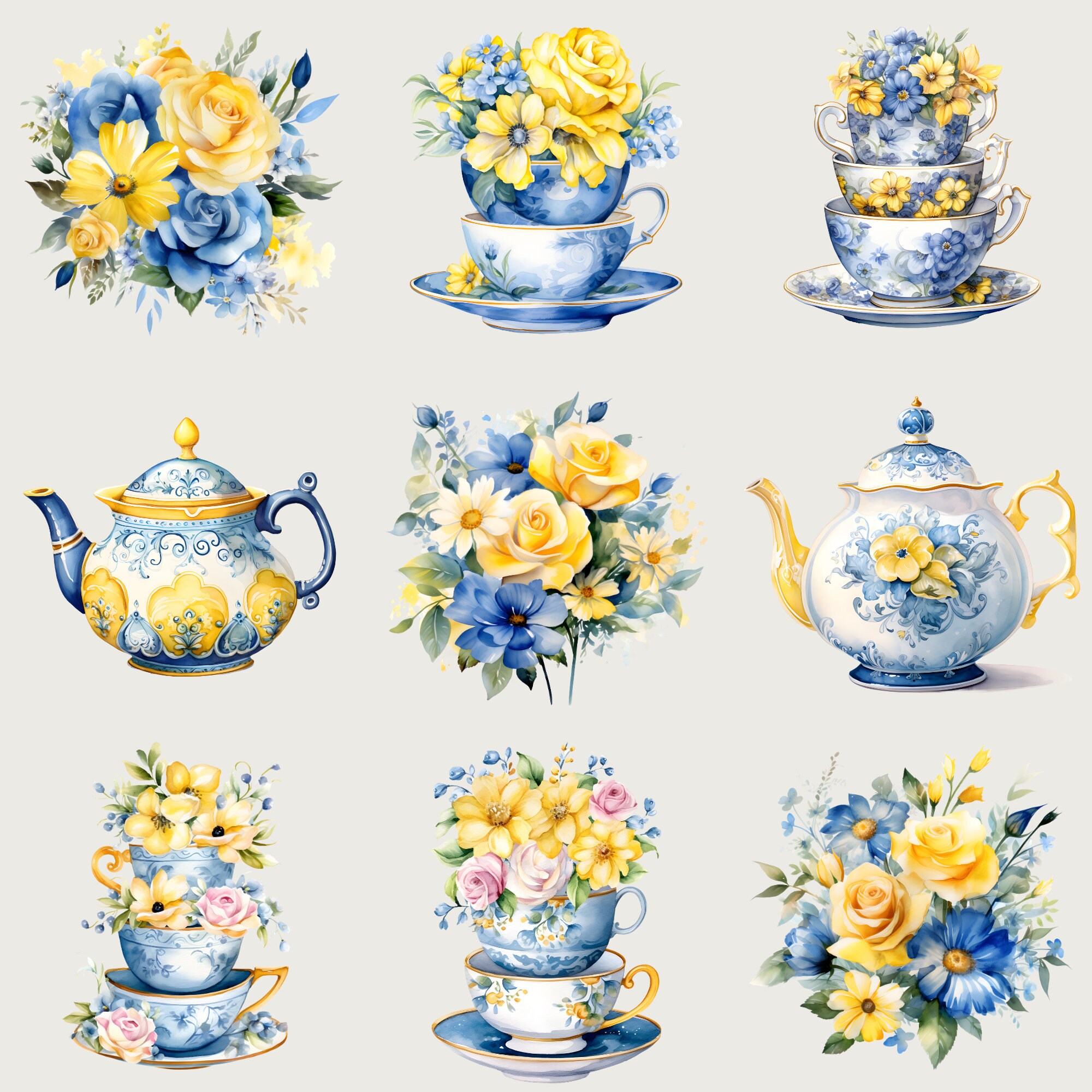 Royal Blue Floral Tea Set Clipart Pack, Tea Party Graphics PNG, Floral ...